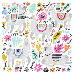 Cute lama set objects collection design elements Vector Image