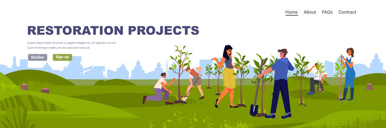 People planting trees in park restoration project Vector Image