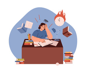 Stress exam preparation with textbook pile scared Vector Image