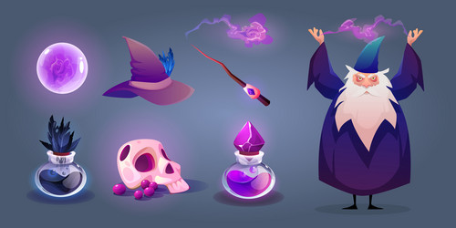 Old wizard cartoon character with magic stuff Vector Image