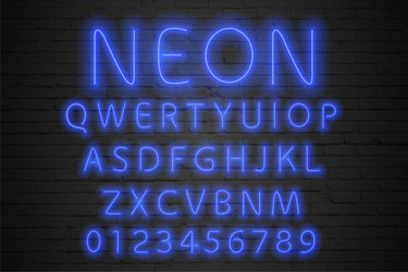Neon alphabet retro letters on brick wall Vector Image