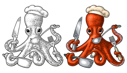 Octopus holding knife fork pan black Royalty Free Vector