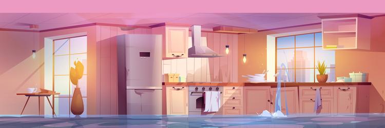 Flood in broken kitchen house room cartoon Vector Image