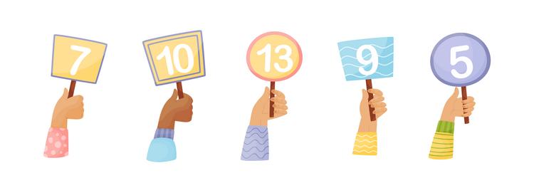 Numbers in raised up hands as numeric scorecard Vector Image
