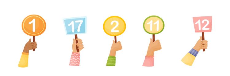 Numbers in raised up hands as numeric scorecard Vector Image