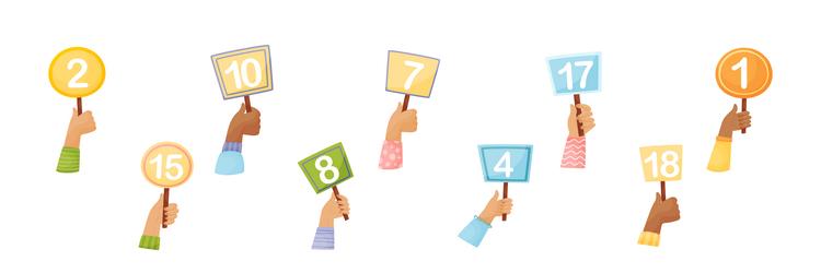 Numbers in raised up hands as numeric scorecard Vector Image