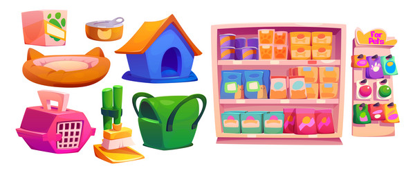 Cartoon pet shop interior with goods and furniture