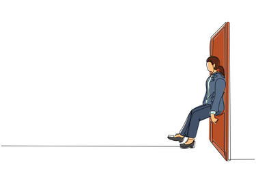 Single one line drawing businesswoman pushing Vector Image