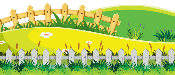Landscape background with green field and fence Vector Image