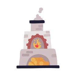 Wood-fired bricked oven with burning fire flame Vector Image
