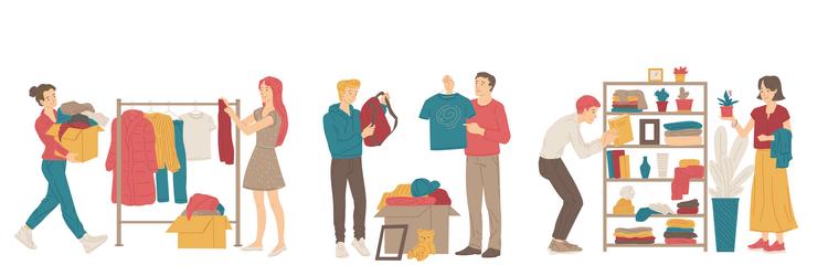Second hand shop or flea market scene cartoon flat