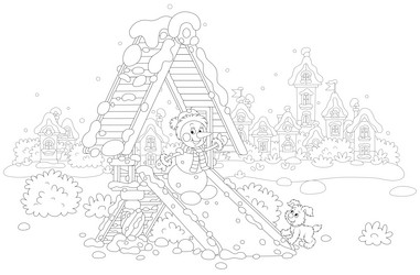 Snowman on a slide in snow-covered park Royalty Free Vector