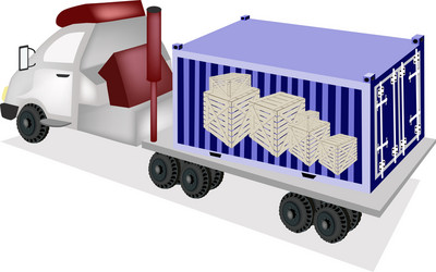 Flatbed trailer loading wooden crates in container