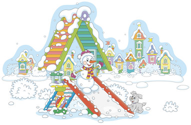 Snowman on a slide in snow-covered park Royalty Free Vector