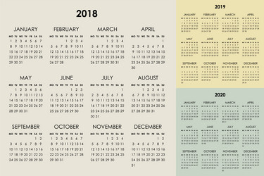 Calendar template 2018 2019 and 2020 years Vector Image