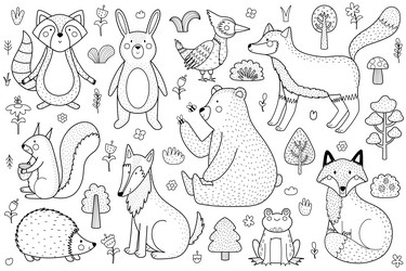 Cute forest animals black and white set Royalty Free Vector