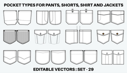 Jeans and denim patch pocket flat sketch set Vector Image