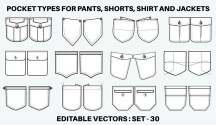 Jeans and denim patch pocket flat sketch set Vector Image