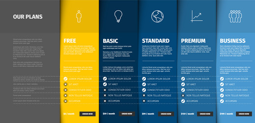 Product service price comparison table Royalty Free Vector