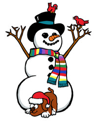 Cartoon snowman with cardinal and puppy Royalty Free Vector