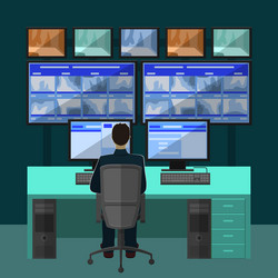 Security guard in control cctv room with monitors Vector Image