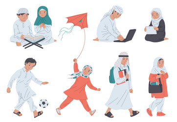 Arabic muslim kid girl sitting with tablet flat Vector Image