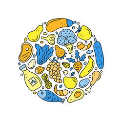 Doodle outline paleolithic foods in circle Vector Image