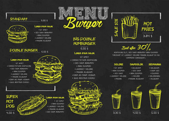 Burger menu poster design on chalkboard Royalty Free Vector