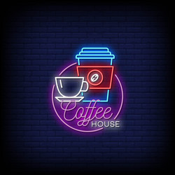 Neon sign coffee shop with brick wall background v