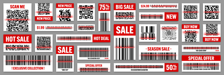 Product barcodes and qr codes with red scanning Vector Image