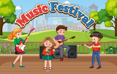 Music kids band on concert scene Royalty Free Vector Image