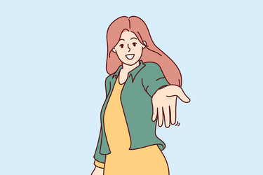 Woman extends hand and says follow me looking out Vector Image