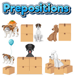 Preposition wordcard with dog and box Royalty Free Vector
