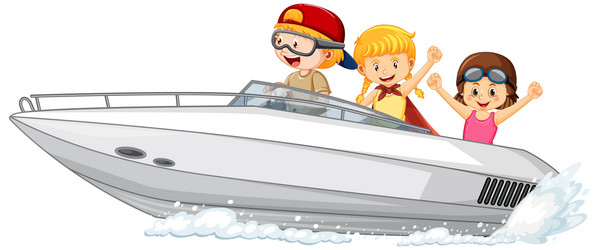 Young boy driving boat with his friends Royalty Free Vector