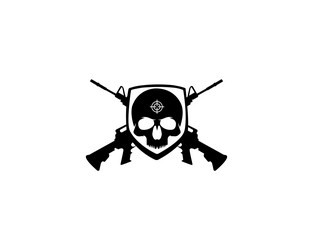 Human skull with crossed gun shield logo design Vector Image