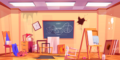 Abandoned messy art classroom with crack wall Vector Image