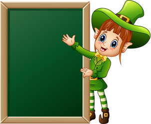 Cartoon girl leprechaun waving Royalty Free Vector Image