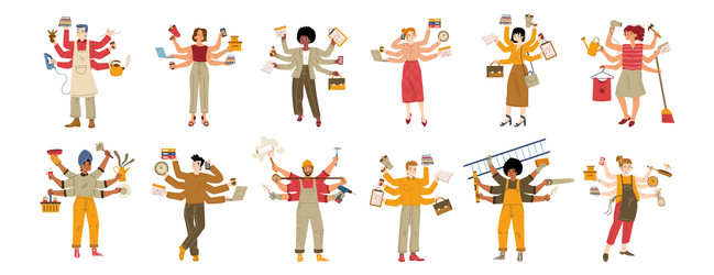 Diverse people with many hands multitask concept Vector Image