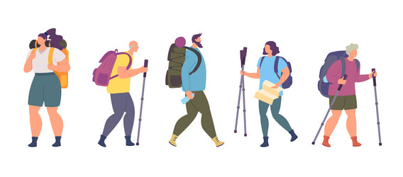 Cartoon color characters people hikers hiking Vector Image