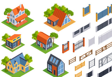 Set of isometric building in spring Royalty Free Vector