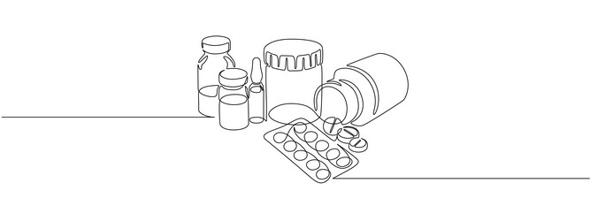 One continuous line drawing of medicine set Vector Image