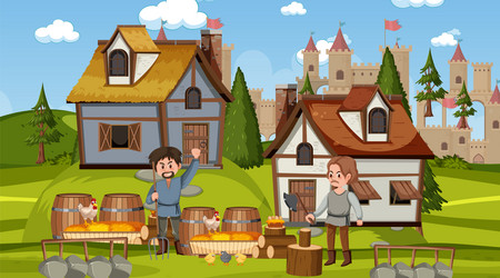 Medieval town scene with villagers Royalty Free Vector Image