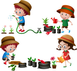 Scene with kid planting trees in garden Royalty Free Vector