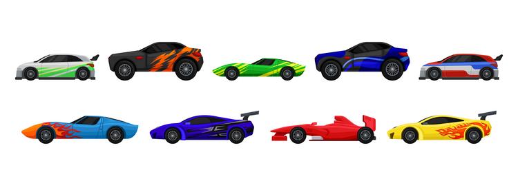 Different colorful sport racing car side view Vector Image