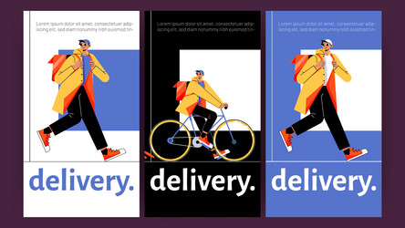 Delivery posters with man courier backpack Vector Image