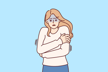 Freezing woman hugging shoulders trying to keep Vector Image