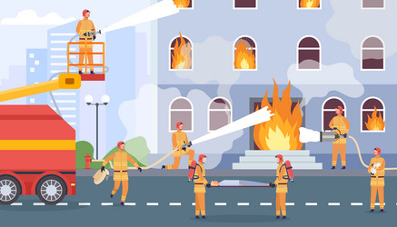 Flat fire fighting man puts out Royalty Free Vector Image