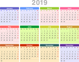 2019 year annual calendar monday first english Vector Image