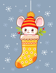 Christmas sock with a cute little mouse inside Vector Image