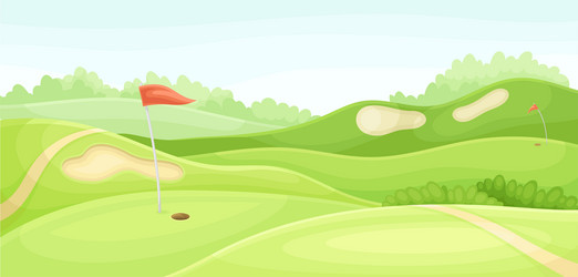 Green golf courses with hole and red flag pole Vector Image